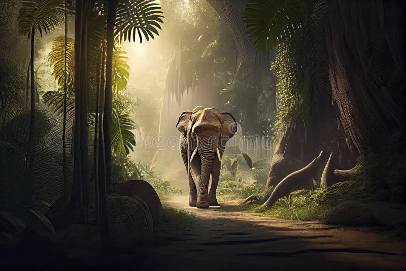 Elephant Running Out of a Tropical Forest Stock Illustration ...