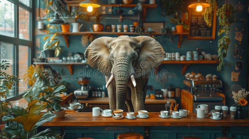 Elephant Serving Coffee in a Cozy Café Setting Stock Photo - Image of ...