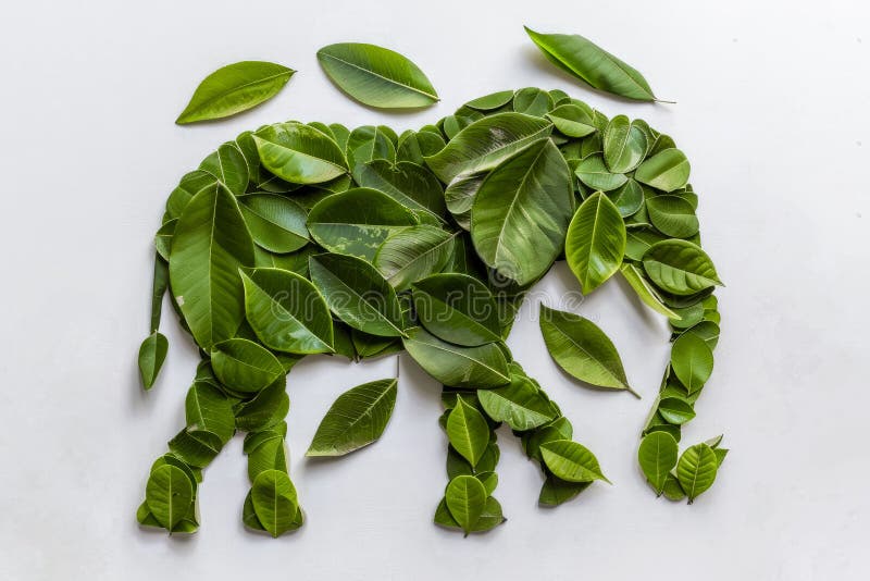 Elephant Shape Made from Green Tree Leaves on a White Background ...