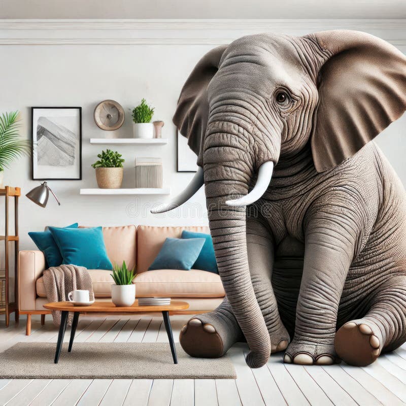The Elephant Sits in a Cozy Living Room. Stock Photo - Image of sitting ...