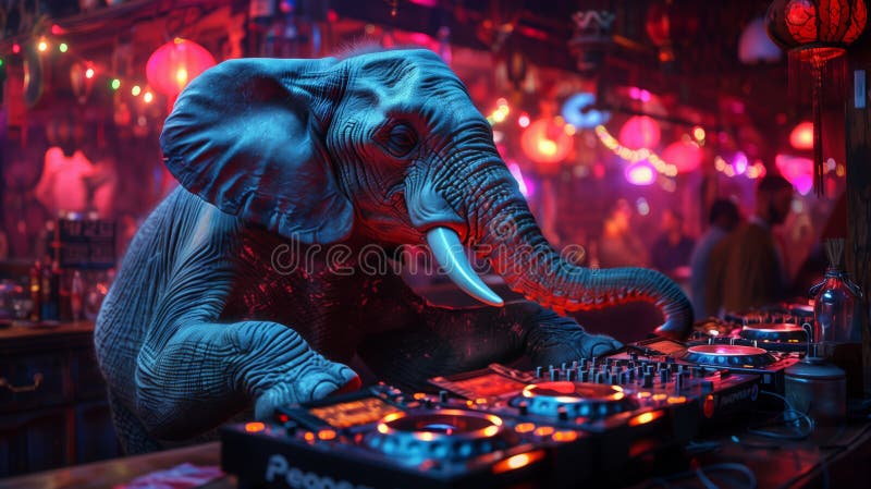 Elephant Sits in Front of DJs Mixer Stock Image - Image of booth ...