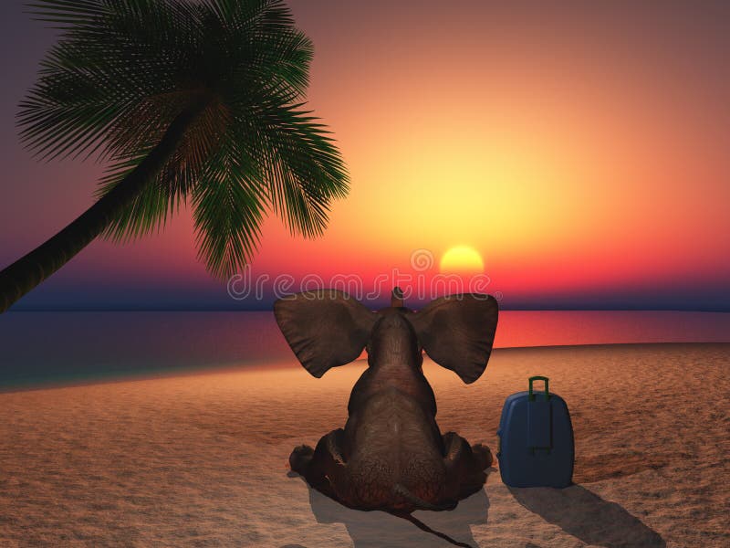 Elephant Sitting on a Beach at Sunset Stock Illustration - Illustration ...