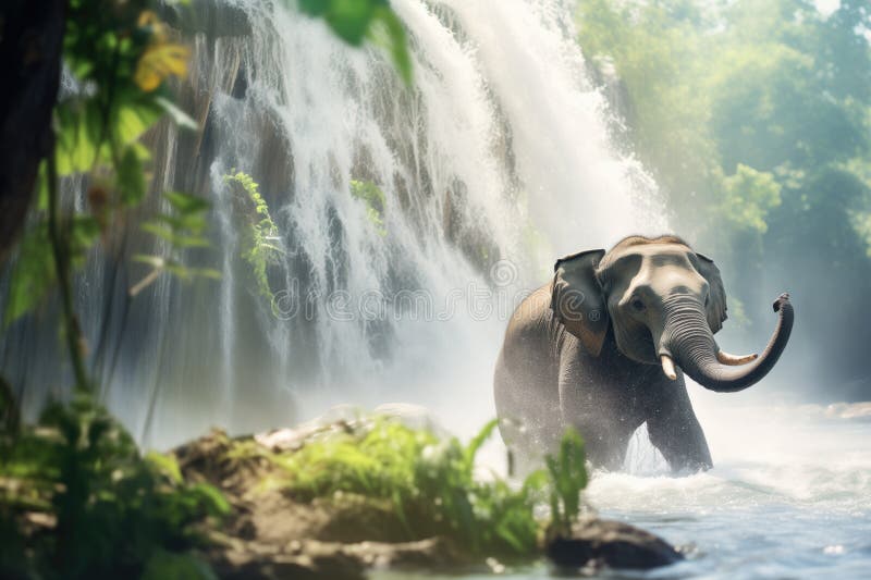 Elephant Splashing Water at a Jungle Waterfall Stock Image - Image of ...