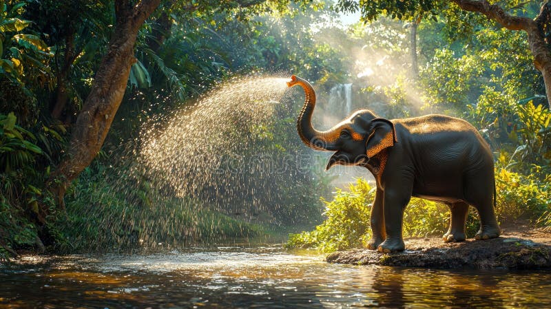 Elephant Splashing Water in Tropical Jungle Waterfall Stock ...