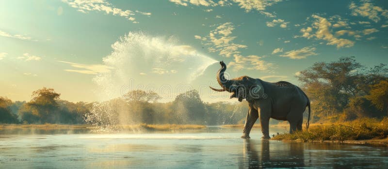 Elephant Spraying Water in the Air Stock Image - Image of tusks, safari ...