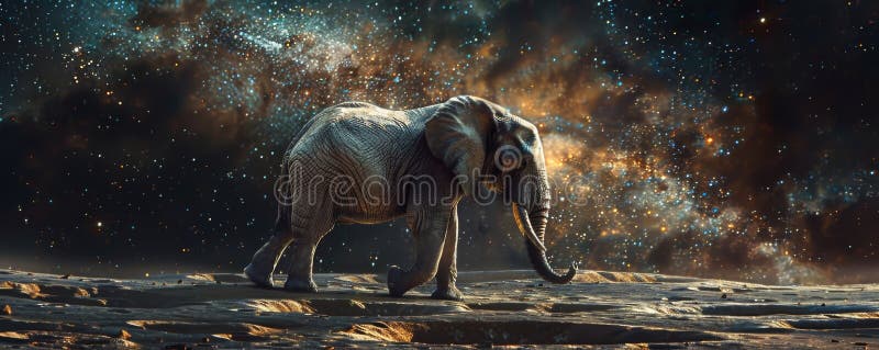 Elephant Standing Against Cosmic Nebula Background Stock Photo - Image ...