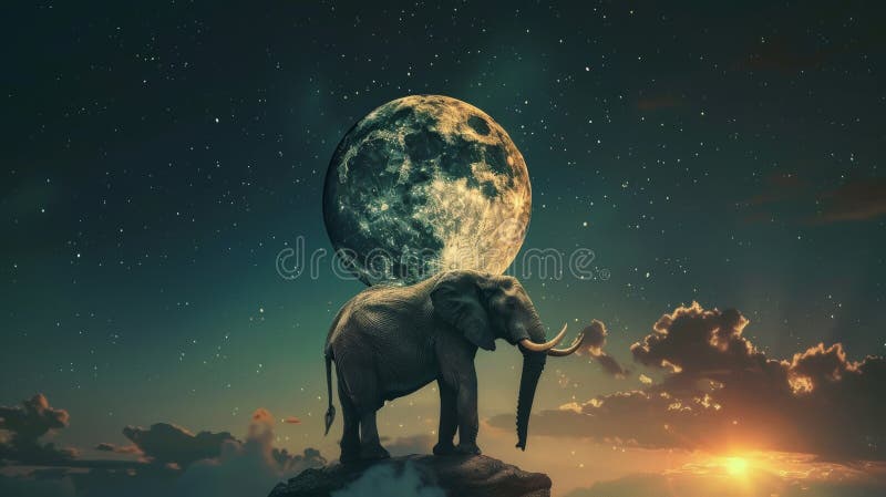 Elephant Standing on a Cliff with a Giant Moon in the Background Stock ...