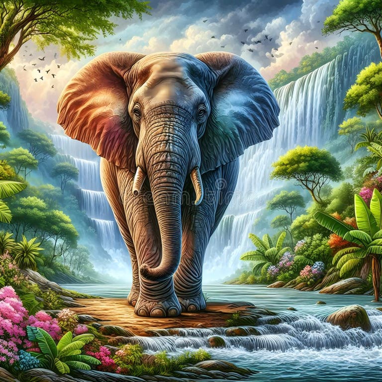 An Elephant Standing in Front of a Waterfall in a Jungle-like ...