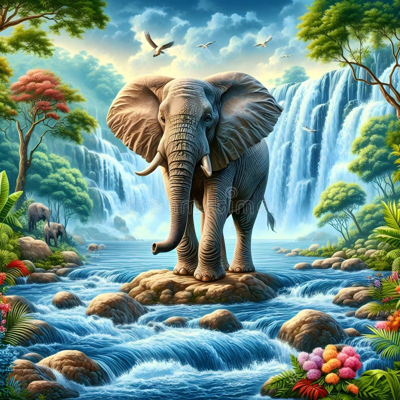 An Elephant Standing in Front of a Waterfall with Trees and Rocks ...