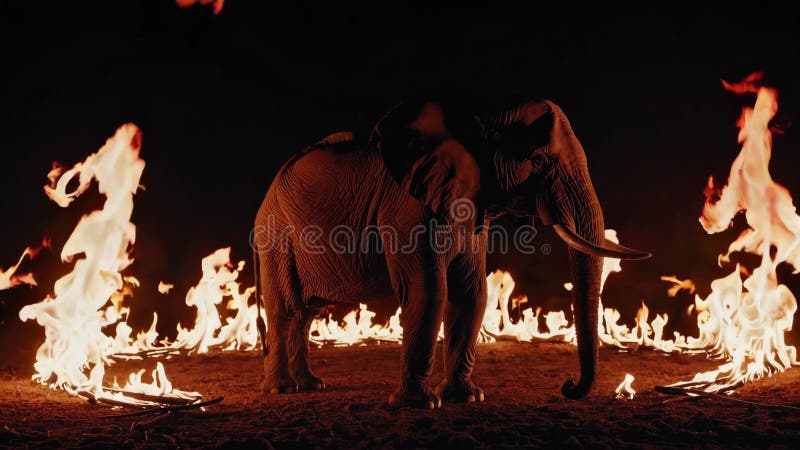 Elephant Standing Inside a Ring of Fire at Night, Dramatic Wildlife and ...