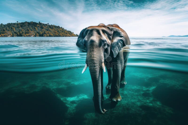 An Elephant Standing in the Middle of the Ocean. Generative AI Image ...