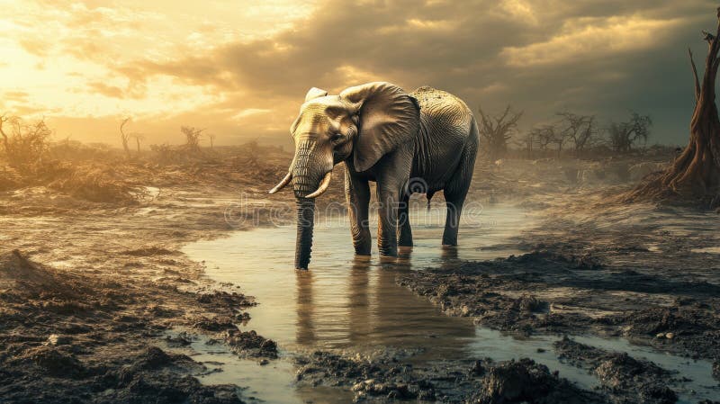 Elephant Standing in a Muddy River with Surrounding Vegetation and ...