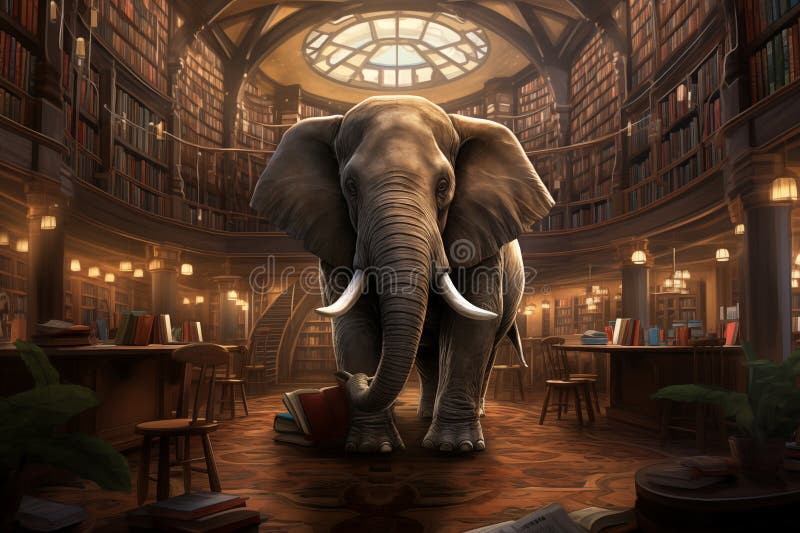 Elephant Standing and Posing in Center of Library Stock Illustration ...