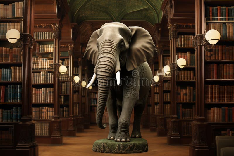 Elephant Standing and Posing in Center of Library Stock Illustration ...