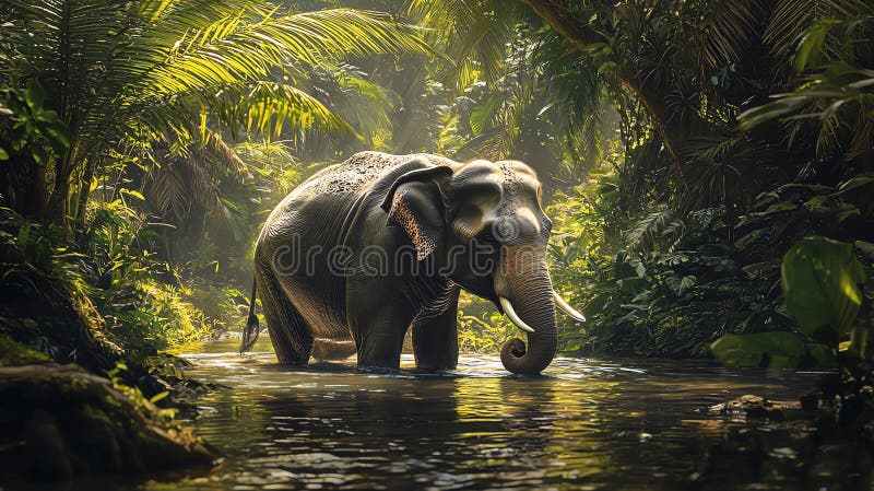 Elephant Standing in a Serene Jungle Stream Amidst Lush Foliage Stock ...
