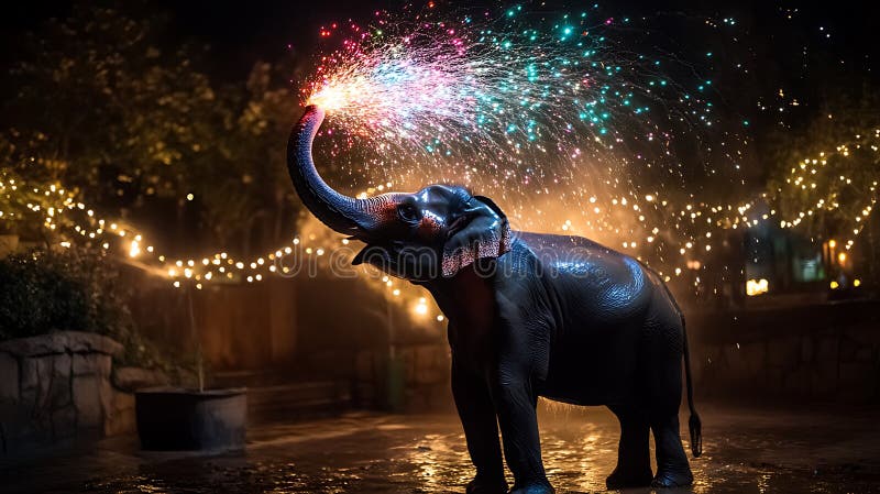 An Elephant Standing Underneath Fireworks Displaying Sparkling Colors ...