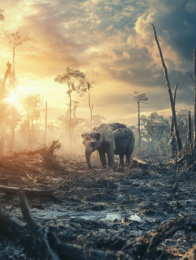 An Elephant Stands Alone in a Devastated Landscape, Showcasing the ...