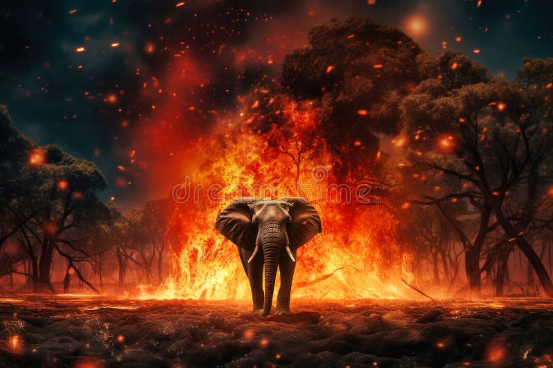 An Elephant Stands in Front of a Raging Forest Fire, Showcasing the ...