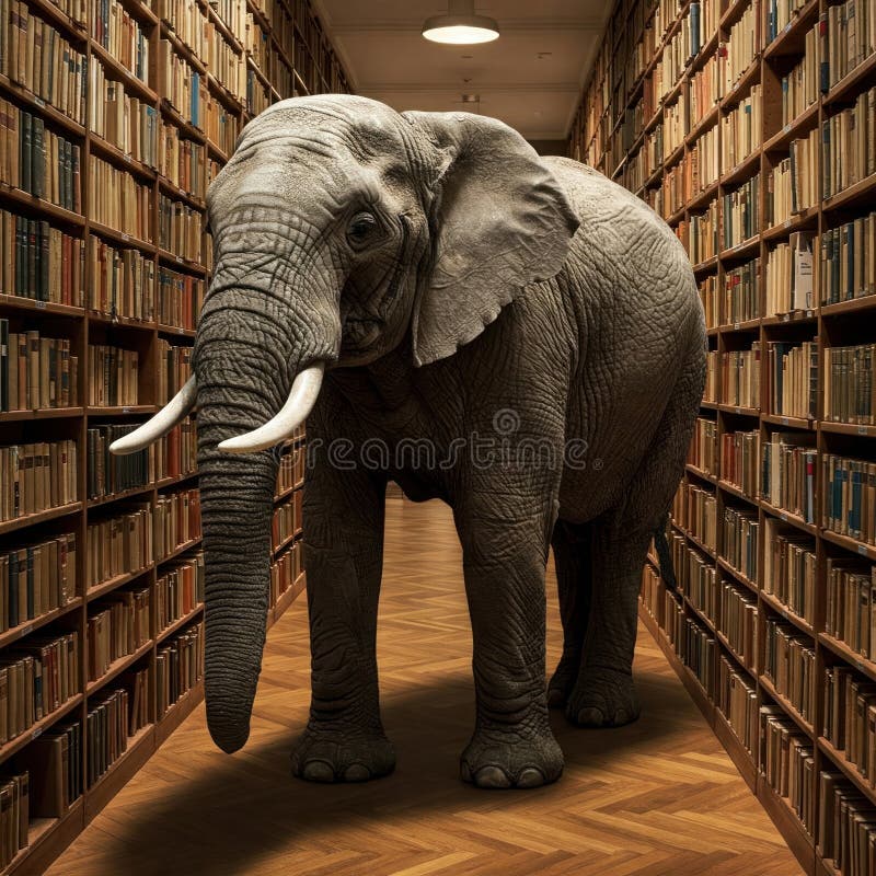 The Elephant Stands in the Library between the Bookshelves. Stock Image ...