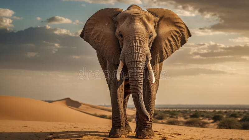 An Elephant Stands Majestically in a Desert Landscape during Sunset ...