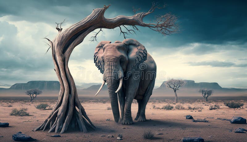 Elephant Stands on Thin Branch of Withered Tree in Surreal Landscape ...