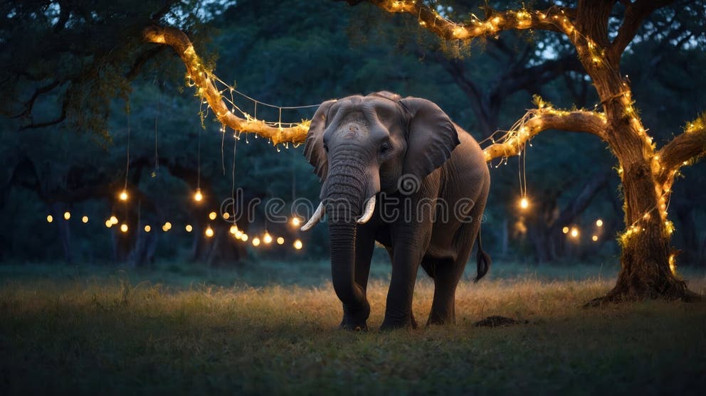 Majestic Elephant at Night, Illuminated by Fairy Lights Stock ...