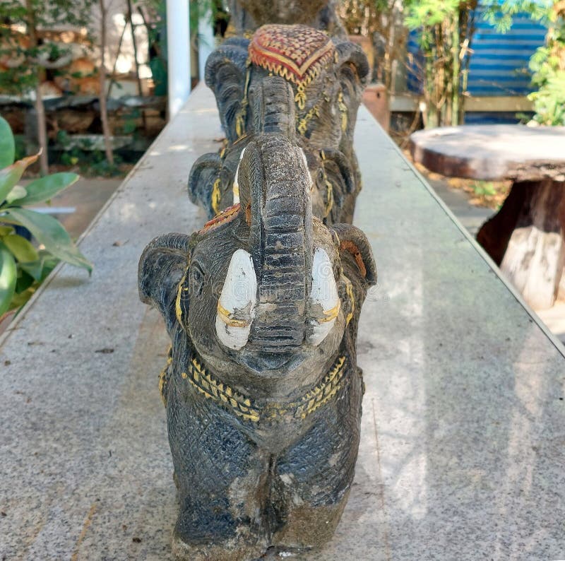 Elephant Stone Statues with Elevated Trunks Stock Photo - Image of wild ...