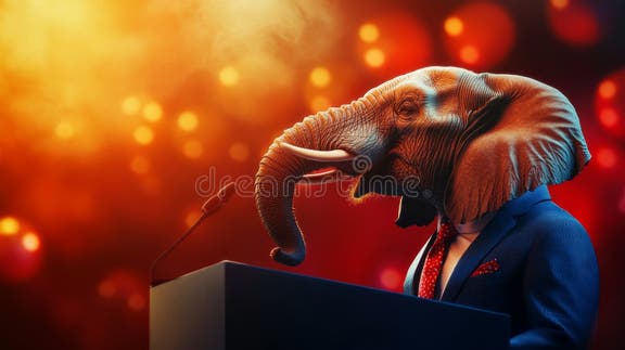 An Elephant in a Suit Confidently Delivers a Speech on Stage, Enveloped ...