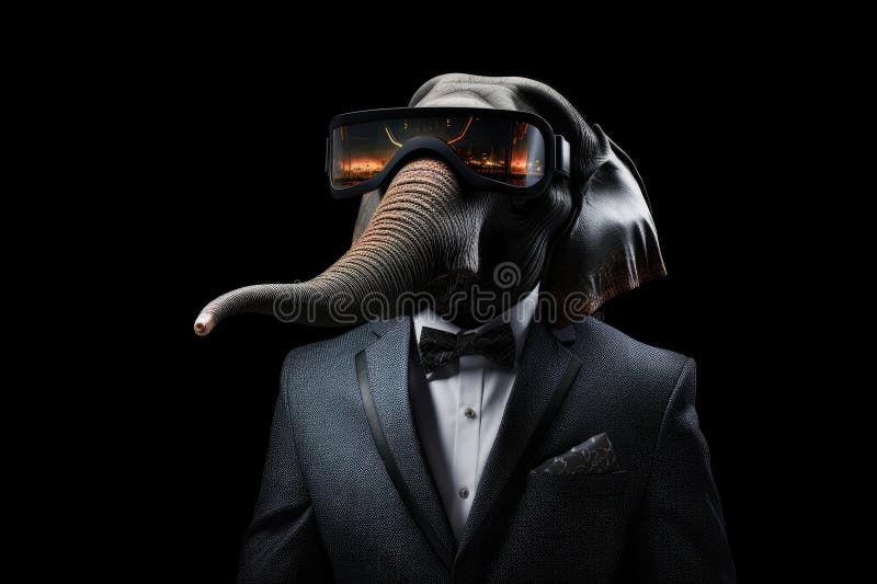 Elephant in Suit and Virtual Reality on Black Background Stock ...