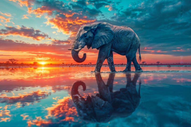 Elephant at Sunset with Reflection. Created with Generative AI Stock ...