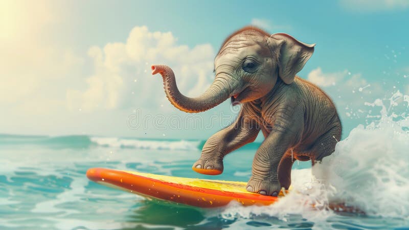 Elephant on Surfboard Rides Wave in Ocean, Under Sky Stock Photo ...