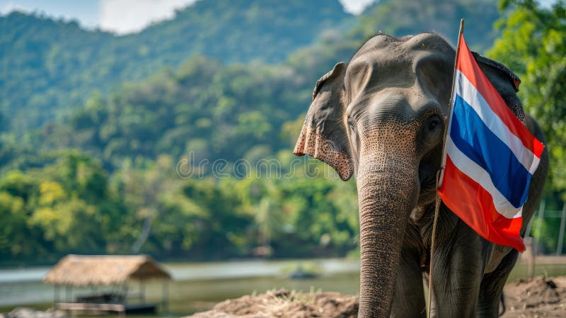 Elephant with a Thai Flag Standing in Front of a Scenic Mountain ...