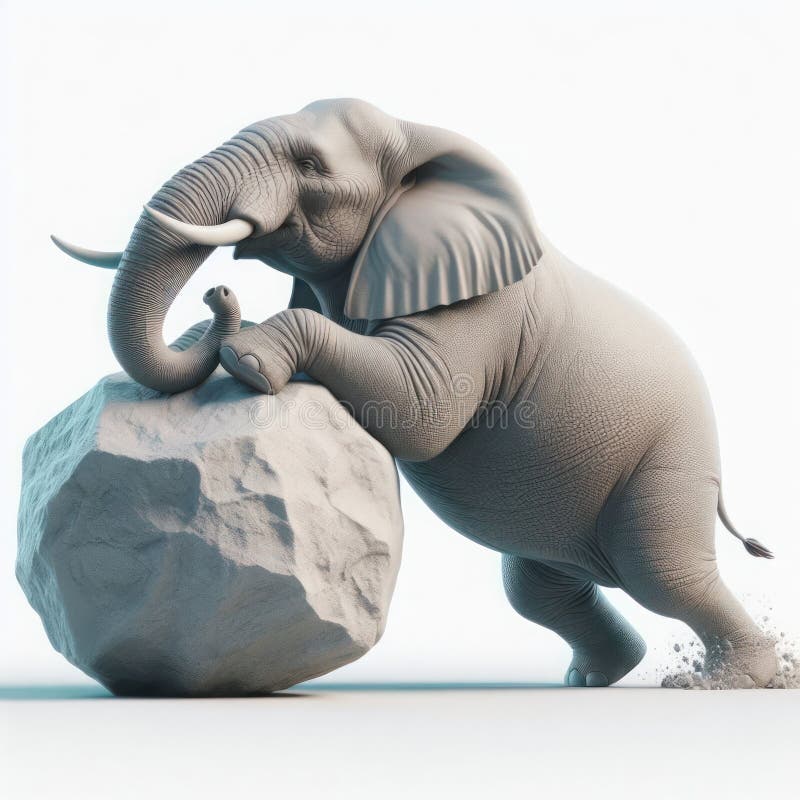 An Elephant Tries To Push a Large Rock. Stock Illustration ...