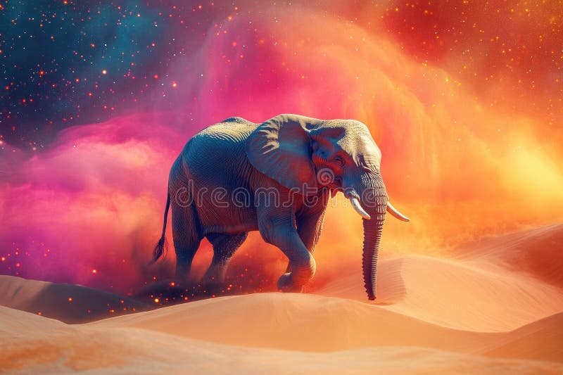 An Elephant Trudging through a Desert of Glowing Stock Illustration ...
