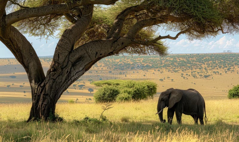 Elephant Under Acacia Tree Resting in the Shade Stock Image - Image of ...