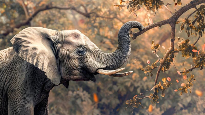 An Elephant Using Its Trunk To Feed on the Leaves and Branches of a ...