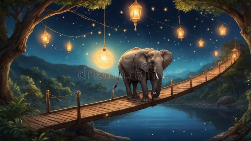 Majestic Elephant Walking on Moonlit Bridge at Night Stock Illustration ...