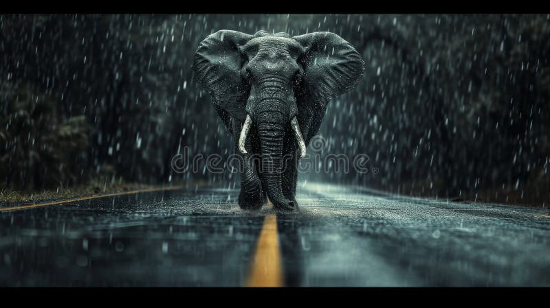 Elephant Walking Alone on Rainy Road Stock Photo - Image of travel ...