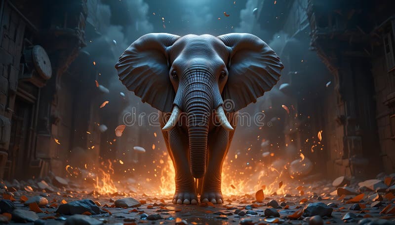 Elephant Walking through Burning City Landscape with Glowing Fire Stock ...