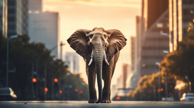 An Elephant is Walking Down a Street in Front of Tall Buildings, AI ...