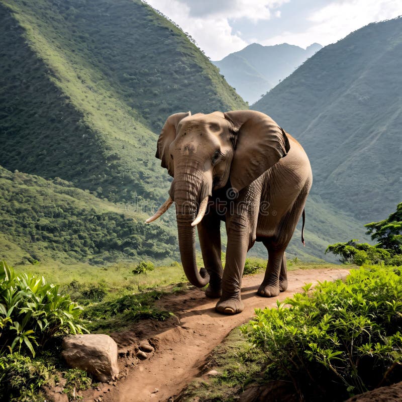 Elephant Walking on a Mountain Path. Stock Illustration - Illustration ...