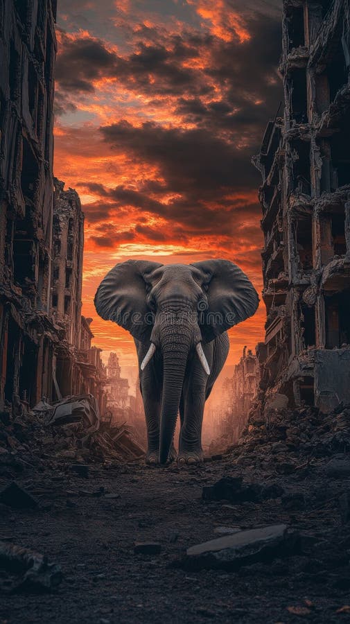 Elephant Walking through Ruins at Sunset with Dramatic Sky Stock Image ...