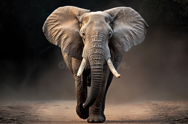 Elephant Walking Towards the Camera with Dust Flying Stock Illustration ...