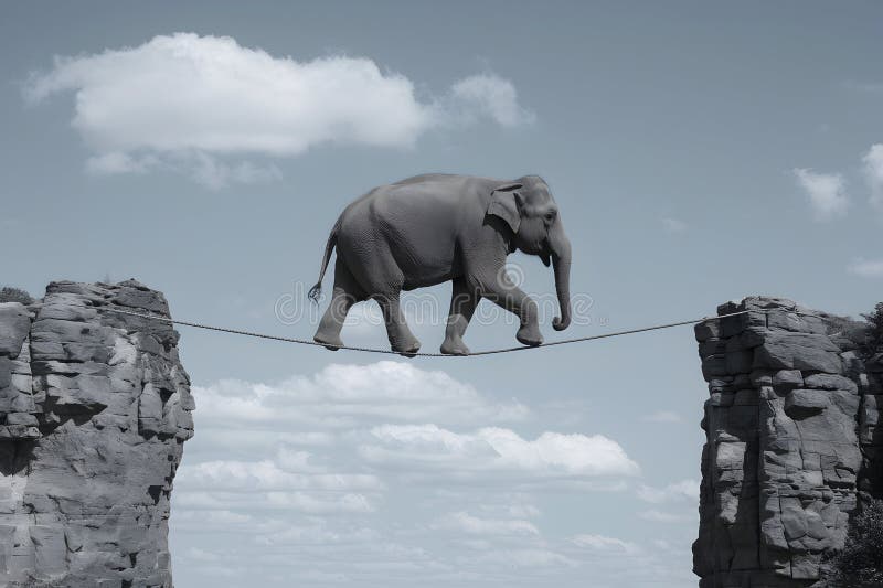 Elephant Walks a Tightrope between Cliffs Under a Dramatic Cloudy Sky ...