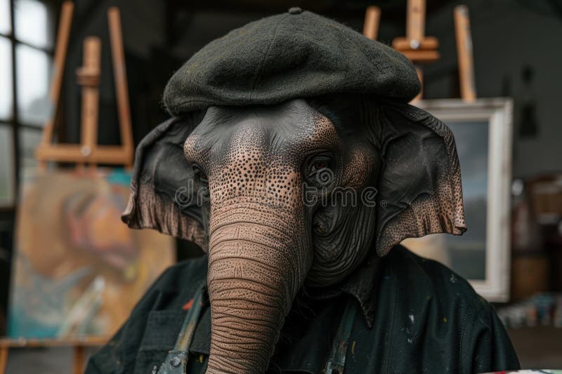 Elephant Wearing a Hat in an Artist S Studio Stock Illustration ...