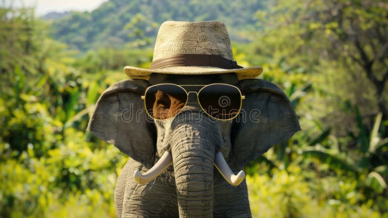 Elephant Wearing Sunglasses and Hat in Tropical Forest Stock Photo ...