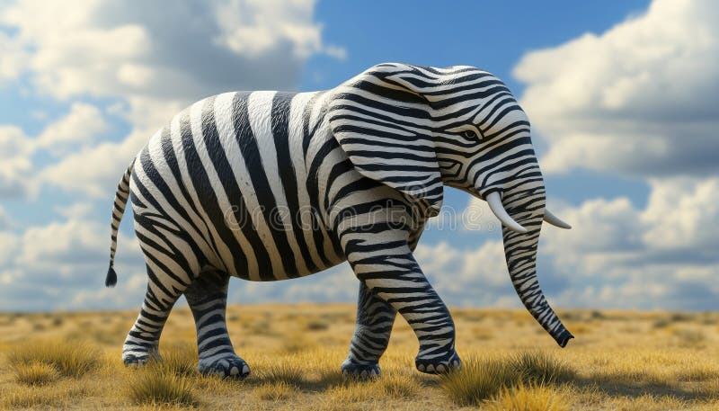 Elephant with Zebra Skin Strolling in the Savannah in a Digital ...
