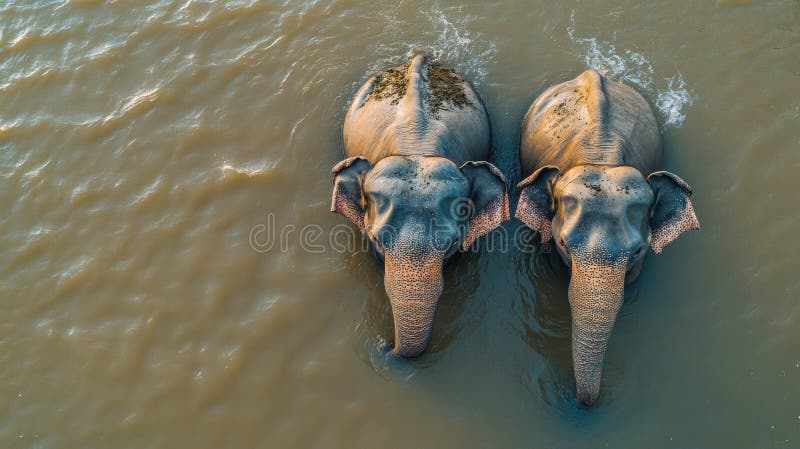 Elephants are Bathing in Murky River Water , Top View Stock ...