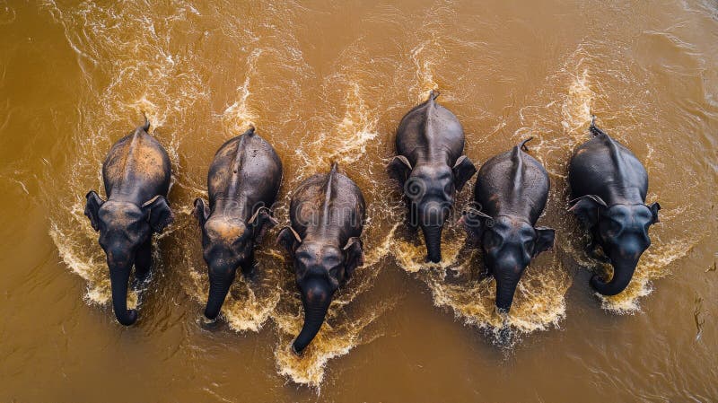 Elephants are Bathing in Murky River Water , Top View Stock ...