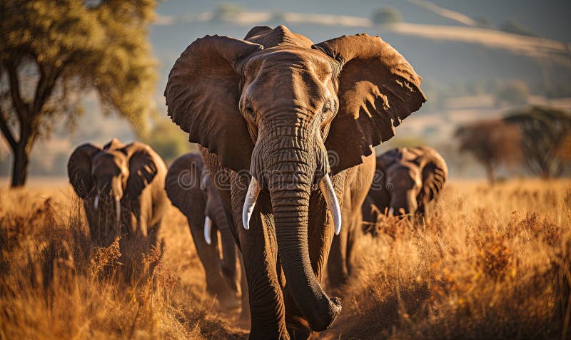 Elephants Crossing Dry Grass Field Stock Image - Image of tusks ...
